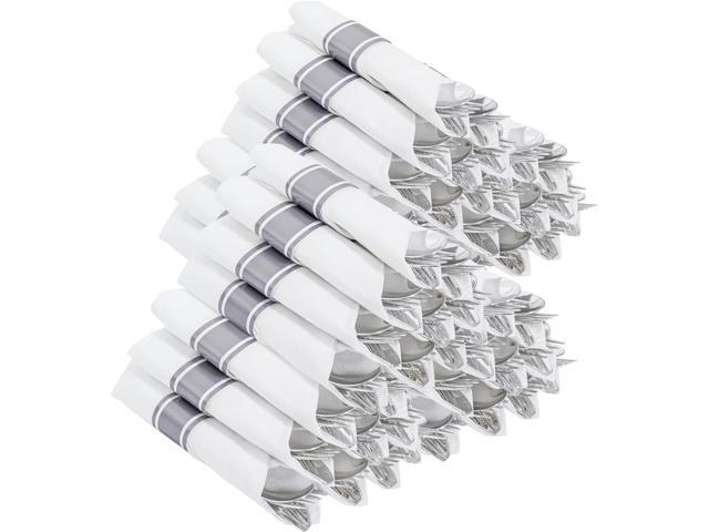 400PCS Pre Rolled Silver Plastic Silverware Sets - Heavy Duty Silver ...