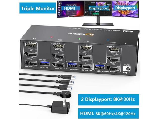 KVM Switch 3 Computers 3 Monitors, HDMI + 2 DisplayPort Triple Monitor ...