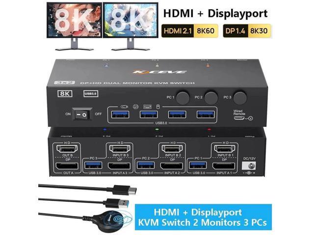 4K@144Hz KVM Switch 2 Monitors 3 Computers 8K@60Hz, HDMI and ...