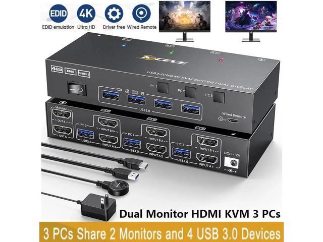 HDMI KVM Switch 2 Monitors 3 Computers 4K@60Hz, EDID Simulation, Dual ...