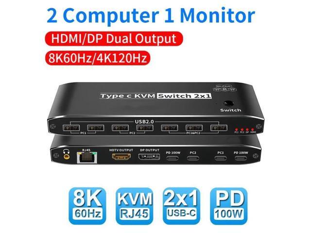2x1 Type C KVM Switch, 8K Thunderbolt 4 USB C KVM Switch with RJ45 3 ...