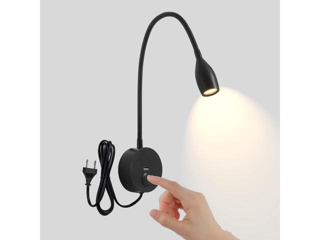 LED Gooseneck Wall Reading Lamp with Switch, Touch Dimmable and USB ...