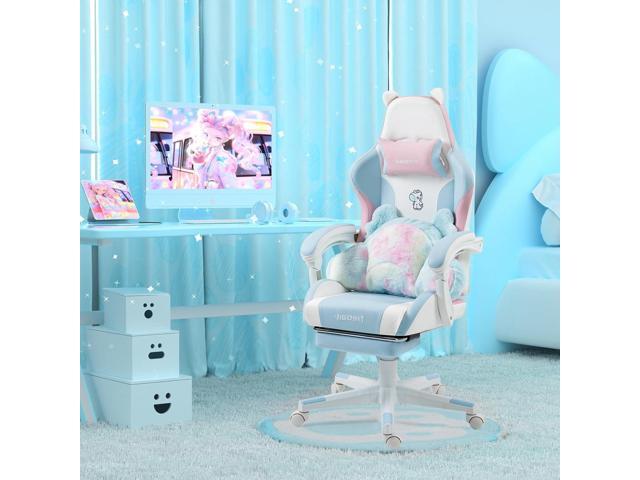 Blue and Pink Unicorn Gaming Chair with Footrest, Ergonomic Cute Gamer ...