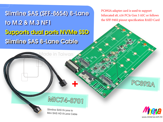 PC892A - Slimilne SAS (SFF-8654) 8-Lane to M.3 NF1 SSD dual ports ...