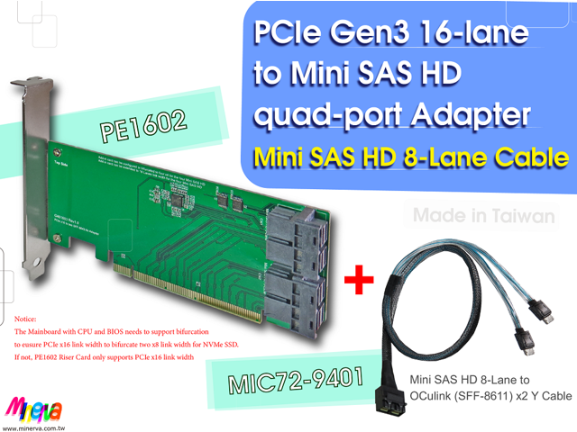 PCIe x16 Gen3 to Mini SAS HD (SFF-8643) quad-port Adapter with Mini SAS ...