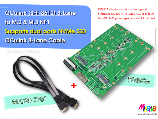PD893A - OCulink (SFF-8612) 8-Lane to M.2 NVMe SSD dual ports Adapter ...