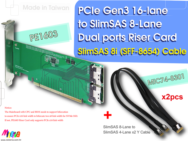 PCIe x16 Gen3 to SlimSAS (SFF-8654) Dual ports Riser Card with SlimSAS ...