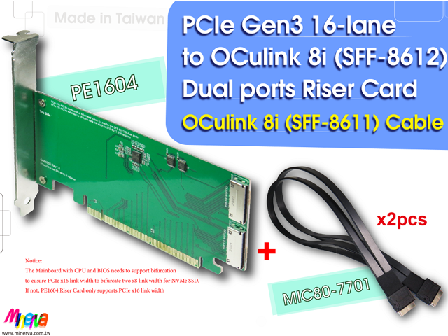 PCIe Gen3 16-Lane for OCulink 8i (SFF-8612) Dual ports Riser Card with ...