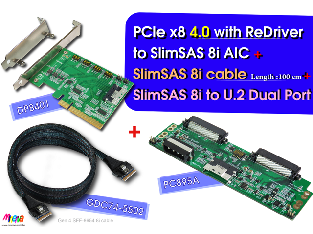 PCIe x8 Gen 4 with ReDriver to SlimSAS 8i Adapter & SlimSAS 8i cable ...