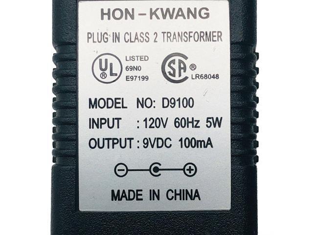 Refurbished: Genuine Hon-Kwang D9100 Adapter 9V 0.1A 5.5x2.1mm Plug In Class 2 Transformer ...