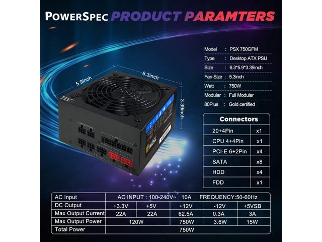 PowerSpec 750 Watt 80 Plus Gold Fully Modular ATX Power Supply Active ...