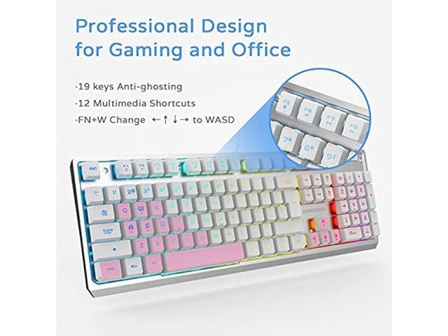 Lumsburry White Gaming Keyboard, Rainbow LED Backlit,19 Anti-ghosting ...