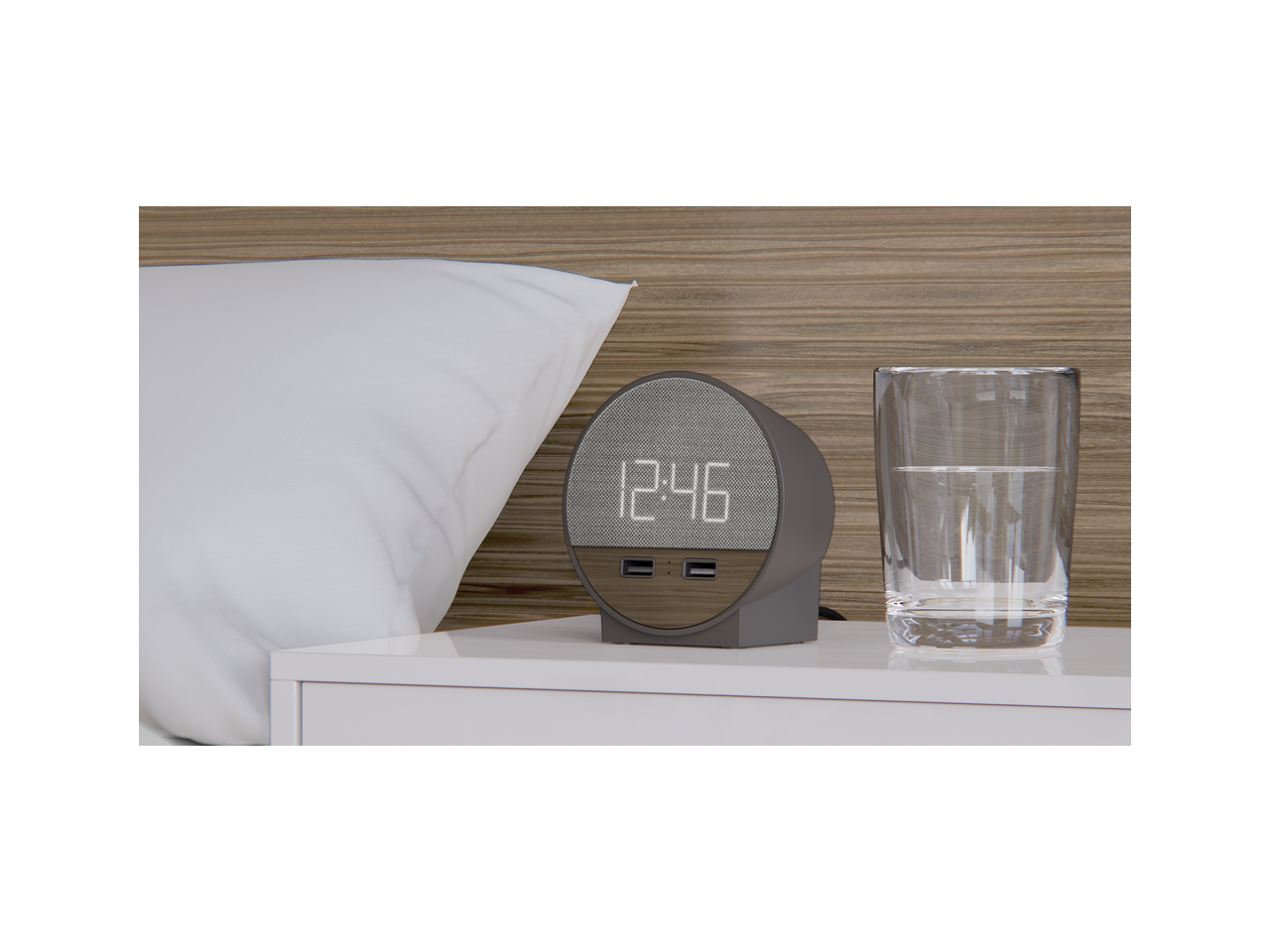 Station O Small Round Alarm Clock w/ Dual USB Charge Wood/Fabric Dight ...
