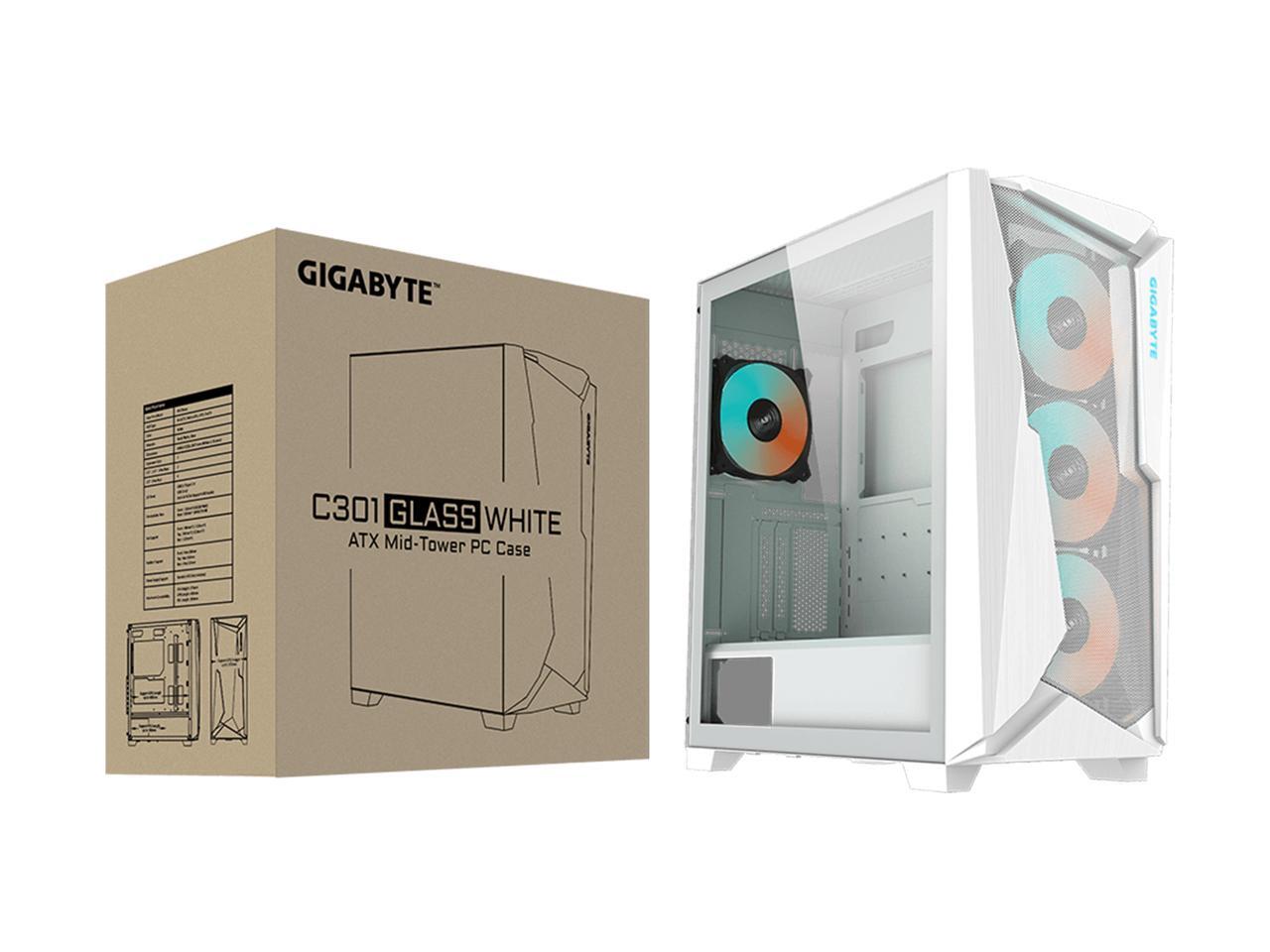 GIGABYTE C301 GLASS WHITE - White Mid Tower PC Gaming Case, Tempered Glass, USB Type-C, 4x ARBG ...