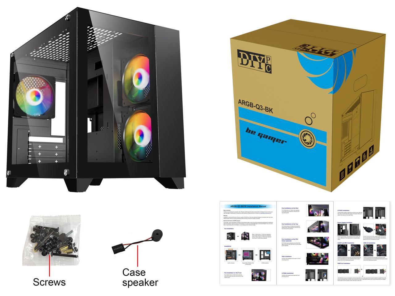 DIYPC ARGB-Q3-BK Black USB3.0 Tempered Glass Micro ATX Gaming Computer ...