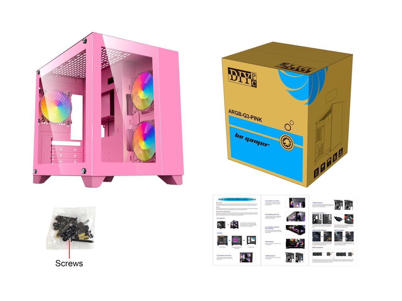 DIYPC ARGB-Q3-Pink Pink USB3.0 Tempered Glass Micro ATX Gaming Computer ...