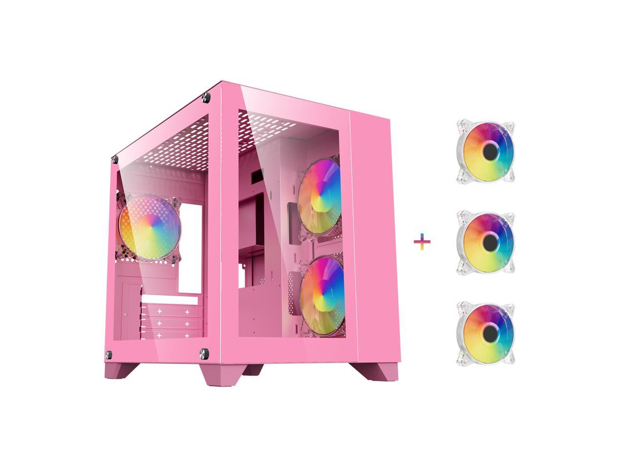 DIYPC ARGB-Q3-Pink Pink USB3.0 Tempered Glass Micro ATX Gaming Computer ...