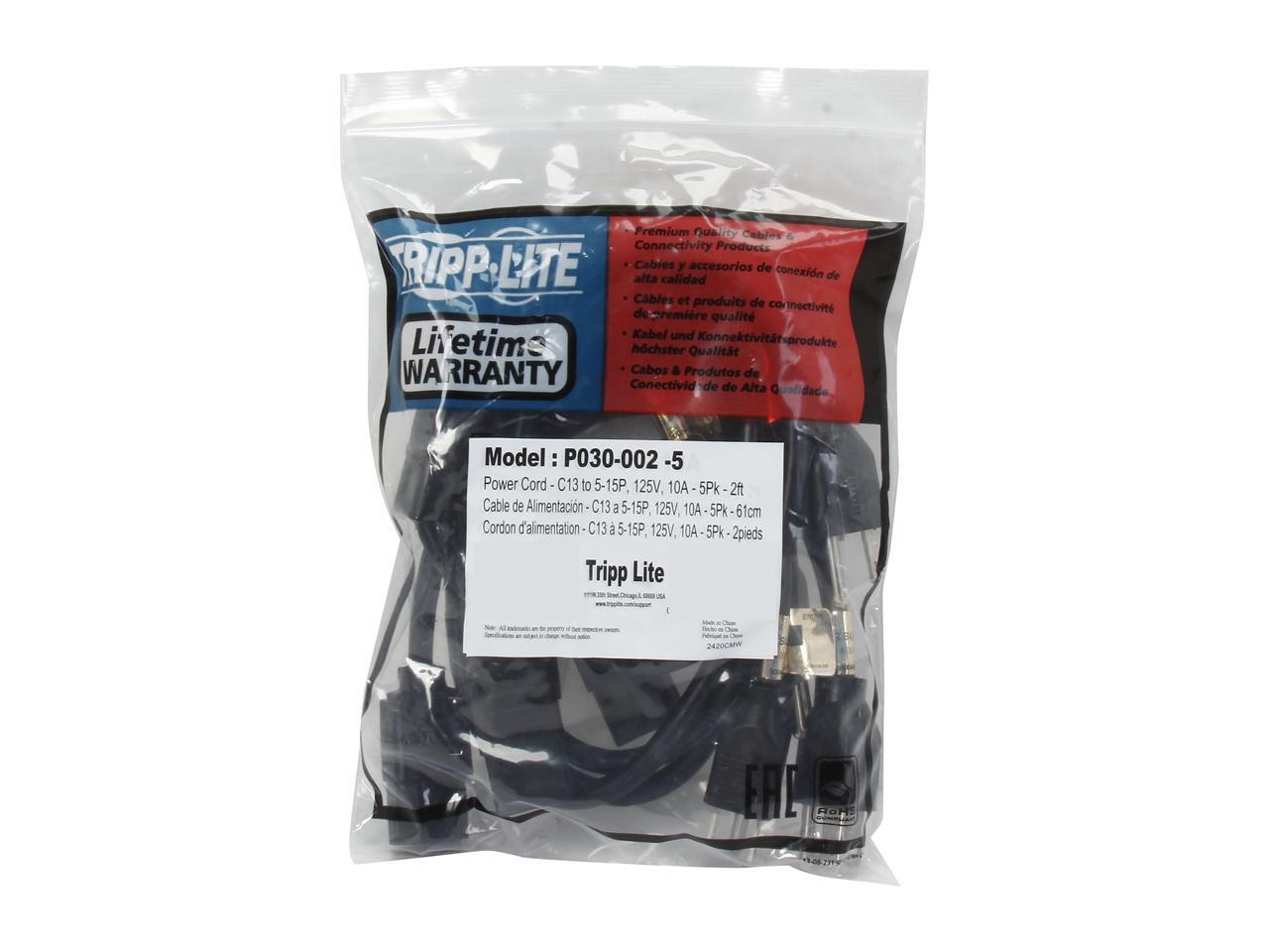 Tripp Lite Model P030-002-5 2 ft. 5-Pack of 2-ft. 18AWG Power Cords ...