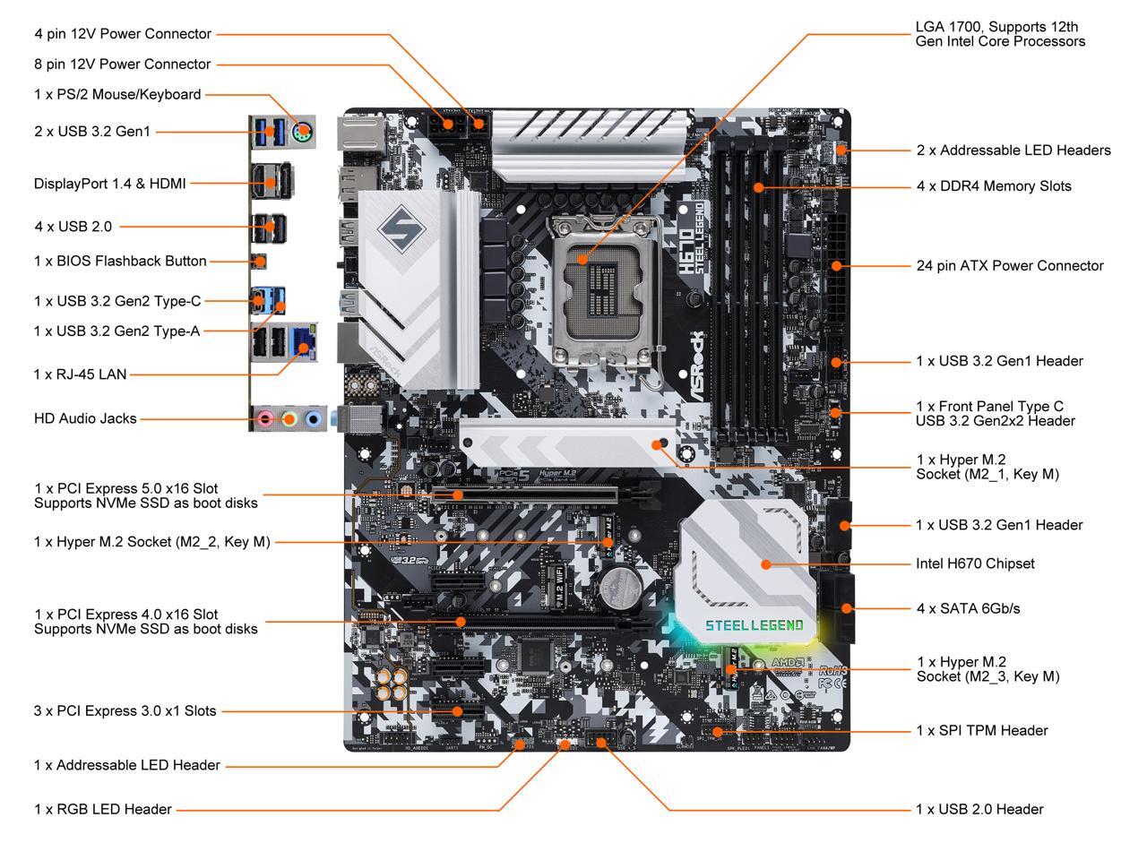 ASRock H670 STEEL LEGEND LGA 1700 Intel H670 SATA 6Gb/s DDR4 ATX ...