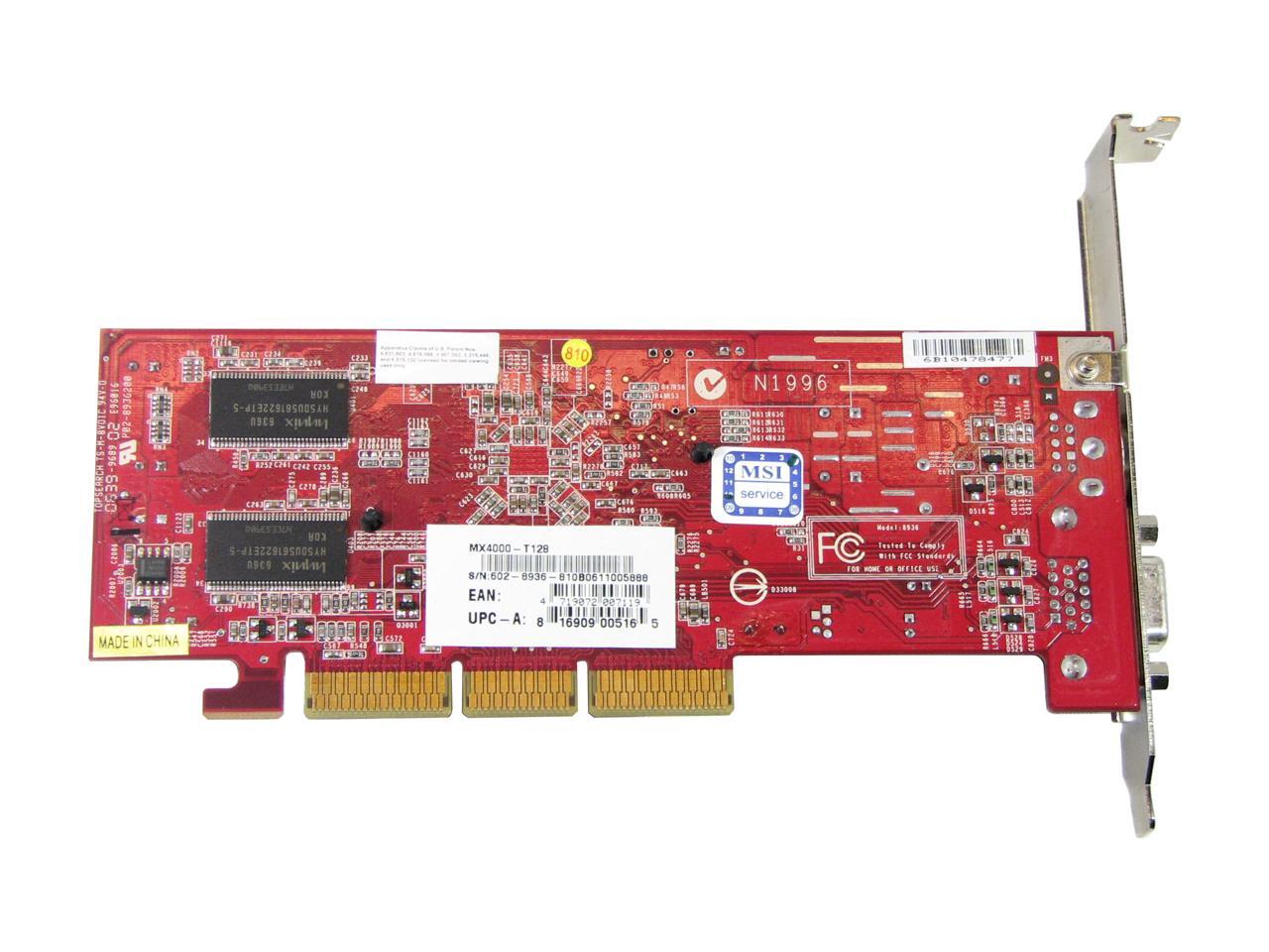 MSI MX4000-T128 GeForce MX4000 128MB 64-bit DDR AGP 4X/8X Low Profile ...