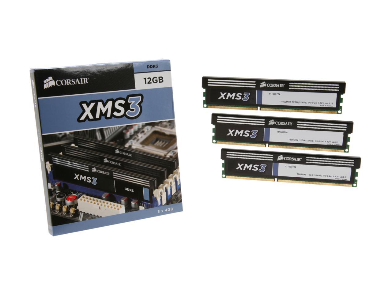 CORSAIR XMS3 12GB (3 x 4GB) DDR3 1600 (PC3 12800) Desktop Memory Model ...