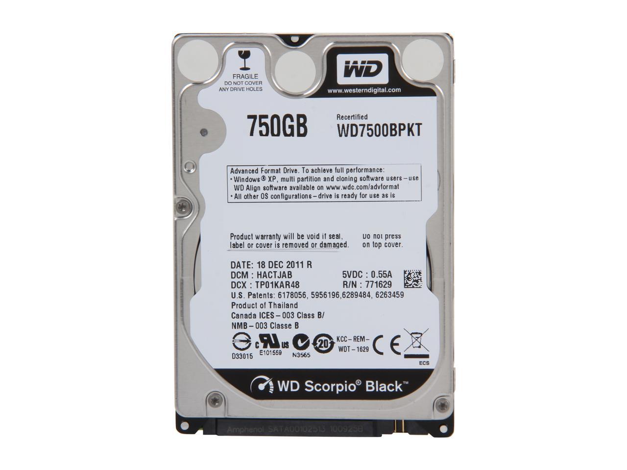 Refurbished: WD Scorpio Black WD7500BPKT 750GB 7200 RPM 16MB Cache SATA 3.0Gb/s 2.5" Internal ...