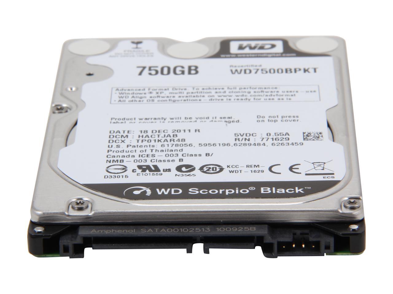 Refurbished: WD Scorpio Black WD7500BPKT 750GB 7200 RPM 16MB Cache SATA 3.0Gb/s 2.5" Internal ...