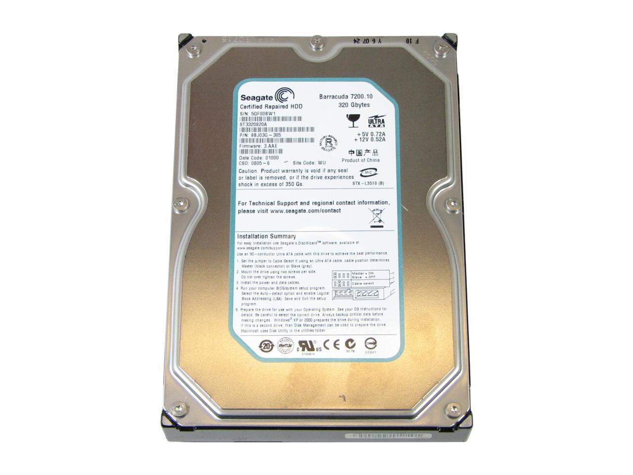 Seagate BarraCuda 7200.10 ST3320820A 320GB 7200 RPM 8MB Cache IDE Ultra ATA100 / ATA-6 3.5" Hard ...