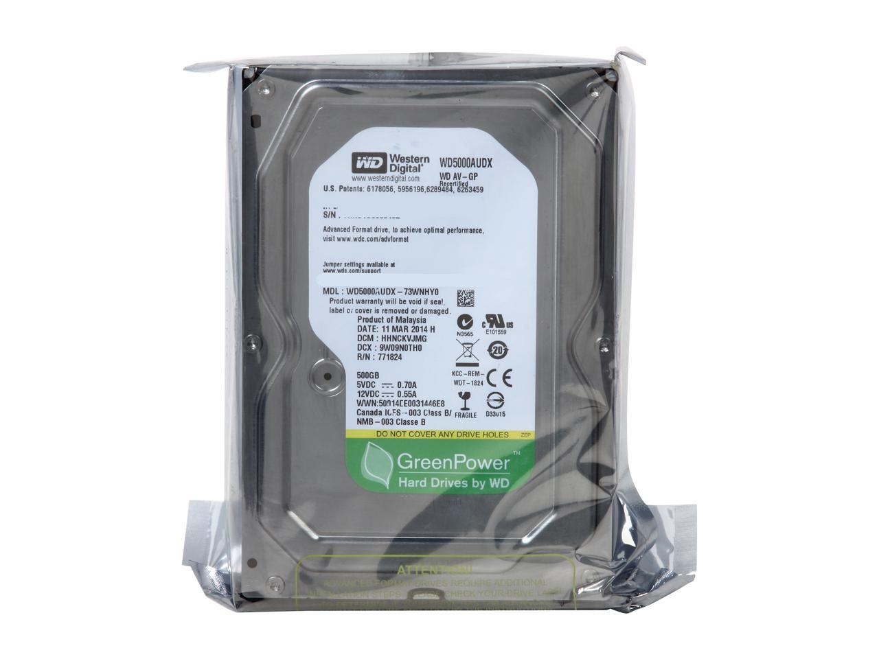 Refurbished: Western Digital AV-GP WD5000AUDX-FR 500GB IntelliPower 32MB Cache SATA 6.0Gb/s 3.5 ...