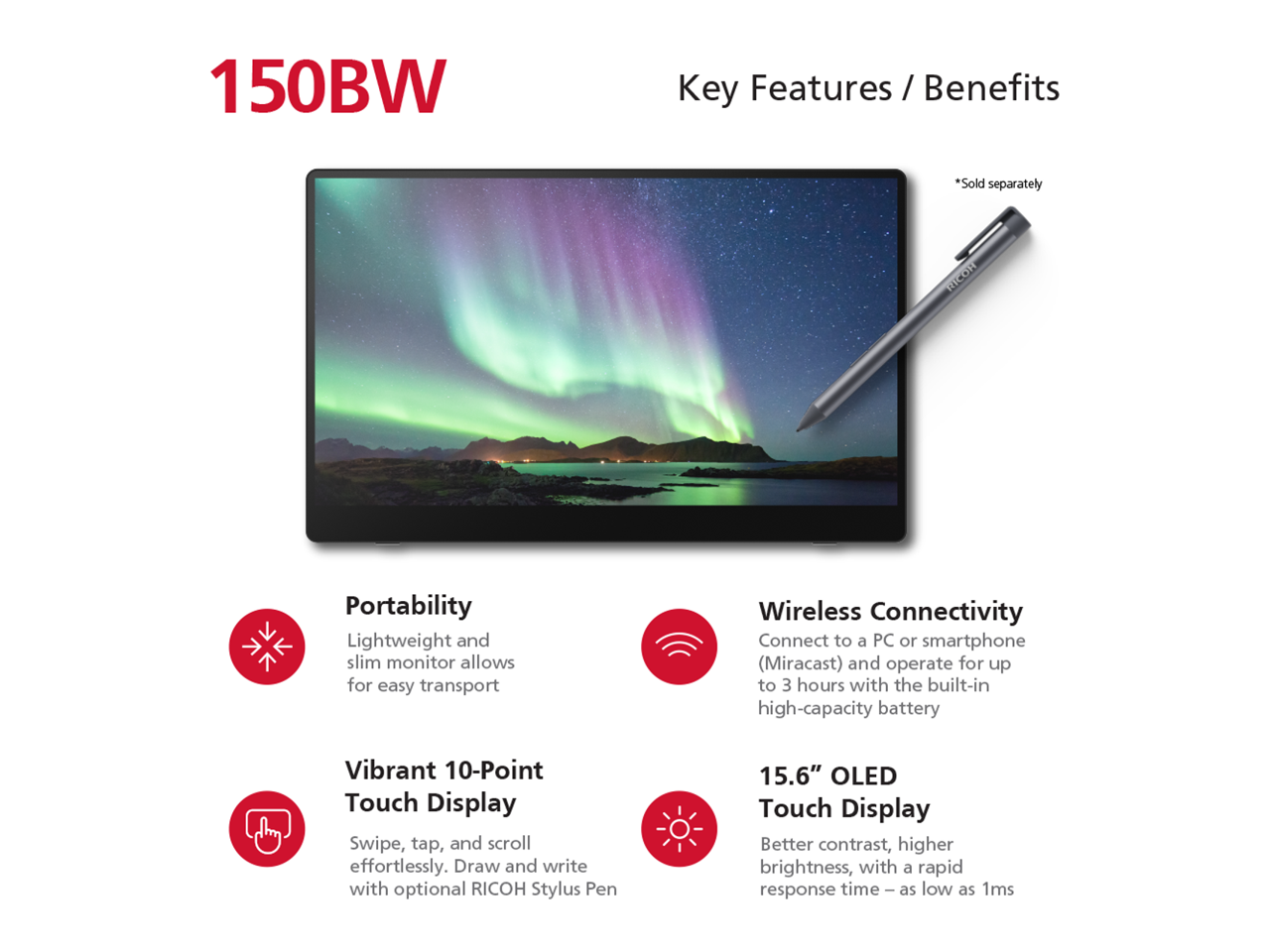 Ricoh 15.6" Portable Monitor 150BW Wireless - 1920 x 1080 - OLED ...