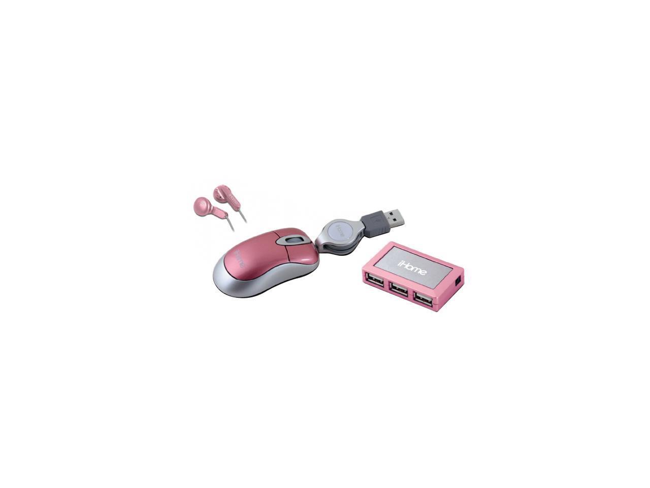 iHome IH-B938NP Pink Wired Optical Retractable Netbook Mouse, 4-Port ...