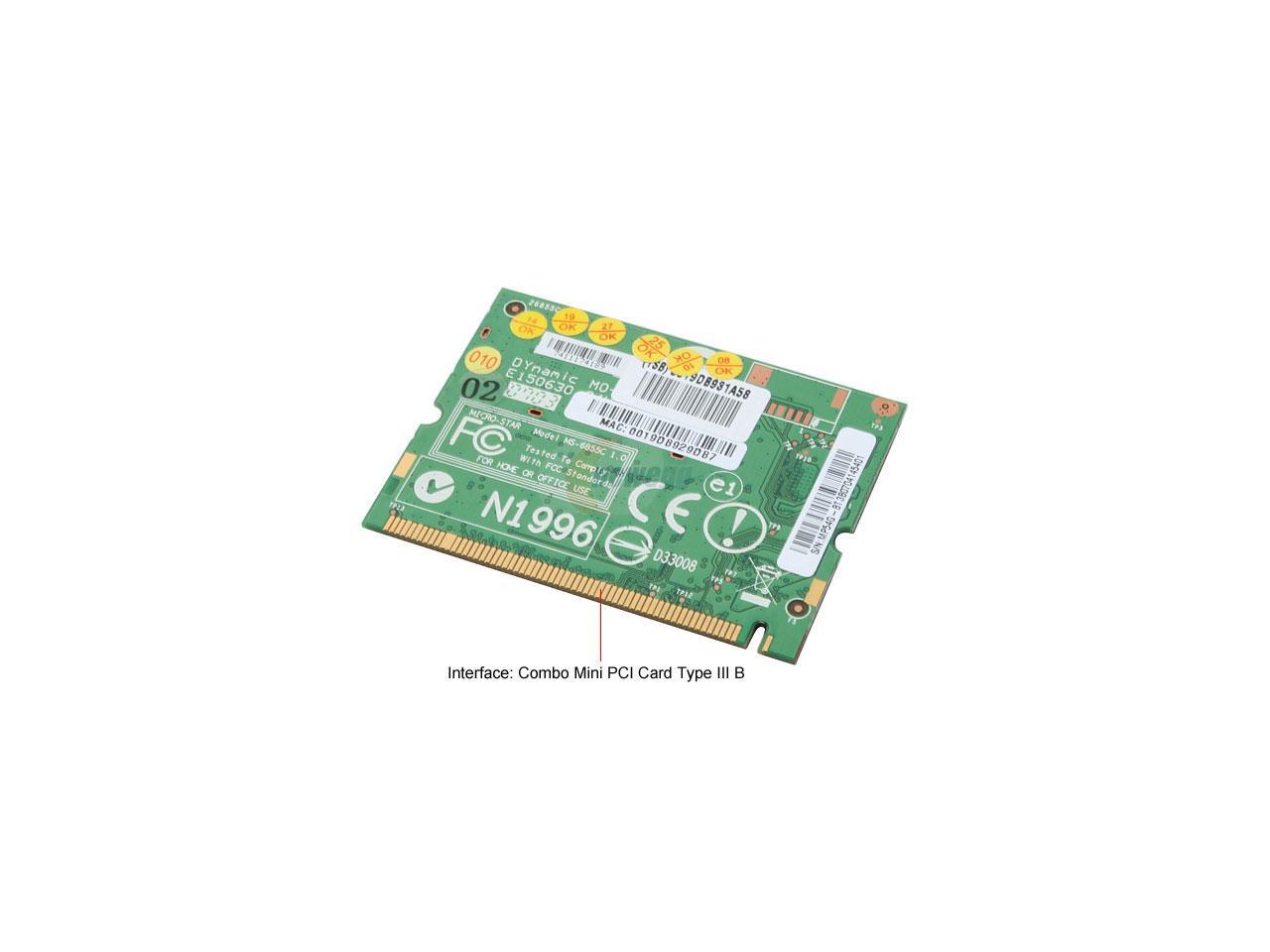 Open Box: MSI MP54GBT3 Combo Mini PCI Card Type III B for MSI Notebook ...