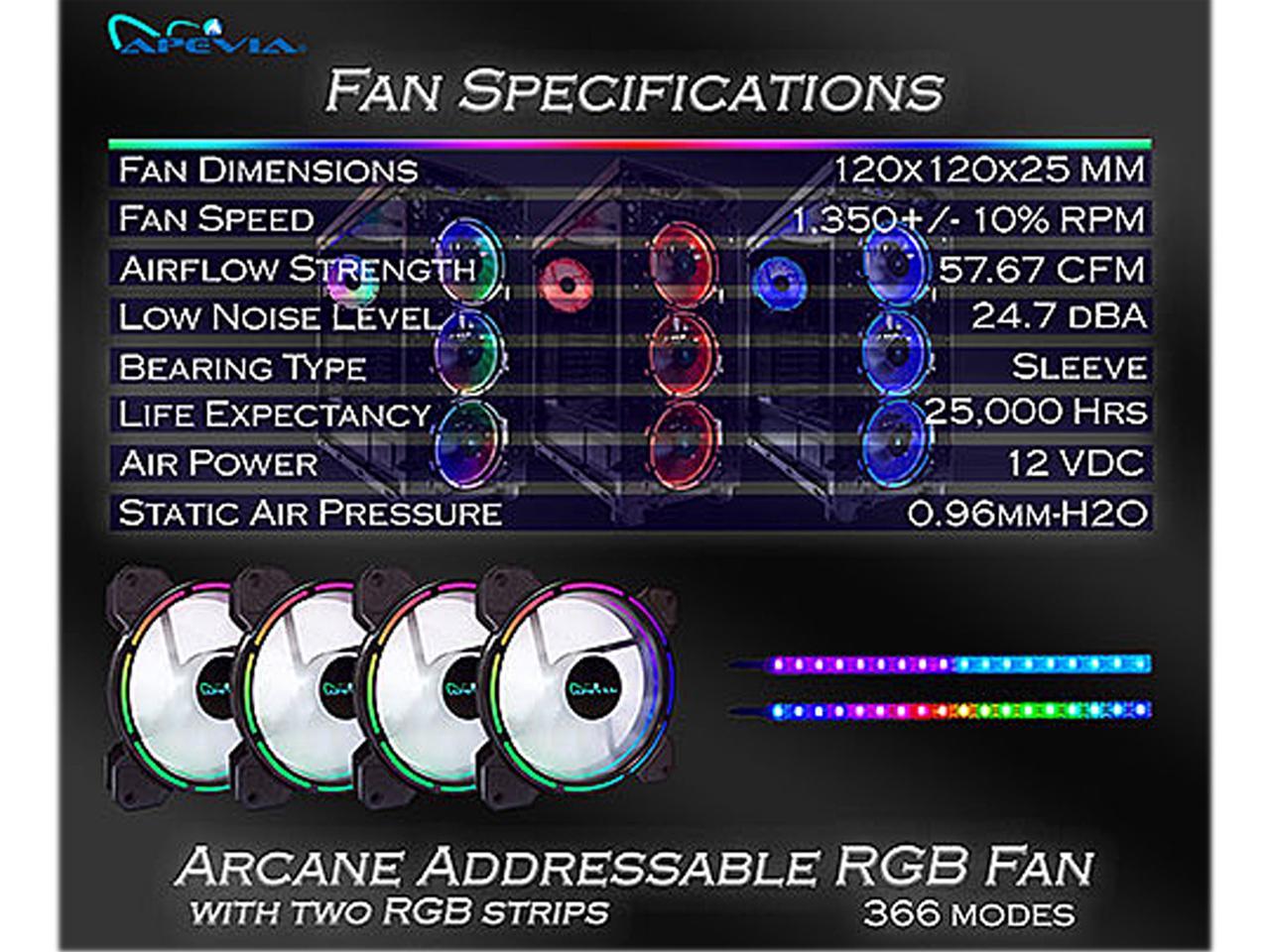 Apevia Arcane AR412L2S-RGB 120mm Silent Addressable RGB Color Changing ...