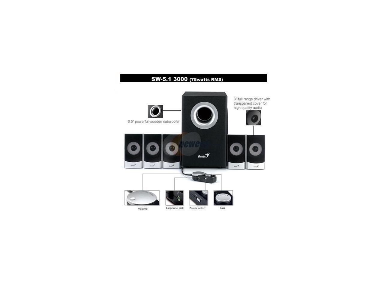 Genius SW-5.1 3000 75 Watts 5.1 6-piece PC gaming speaker system ...