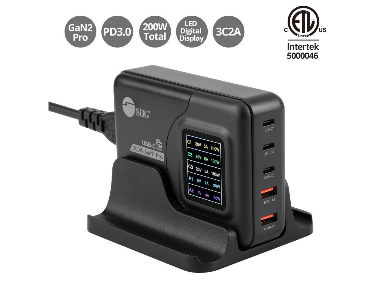 SIIG 200W GaN PD Charger with Charging Display - 3x USB-C + 2x USB-A ...