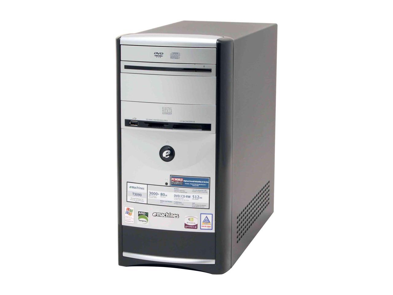 eMachines Desktop PC T3090 3000+ 512MB DDR 80GB HDD Windows XP Home ...