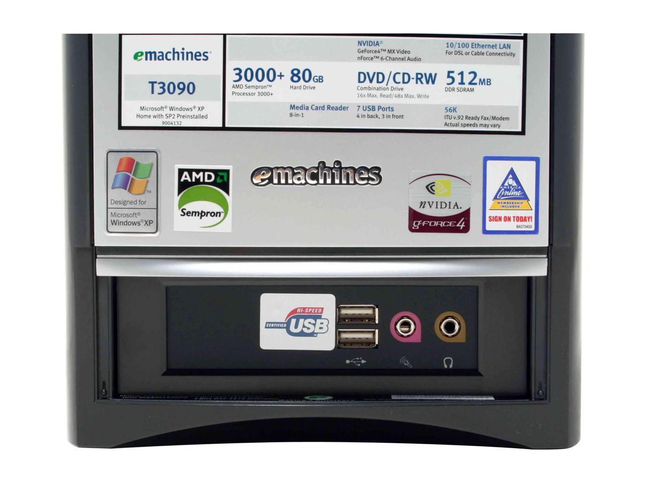 eMachines Desktop PC T3090 3000+ 512MB DDR 80GB HDD Windows XP Home ...