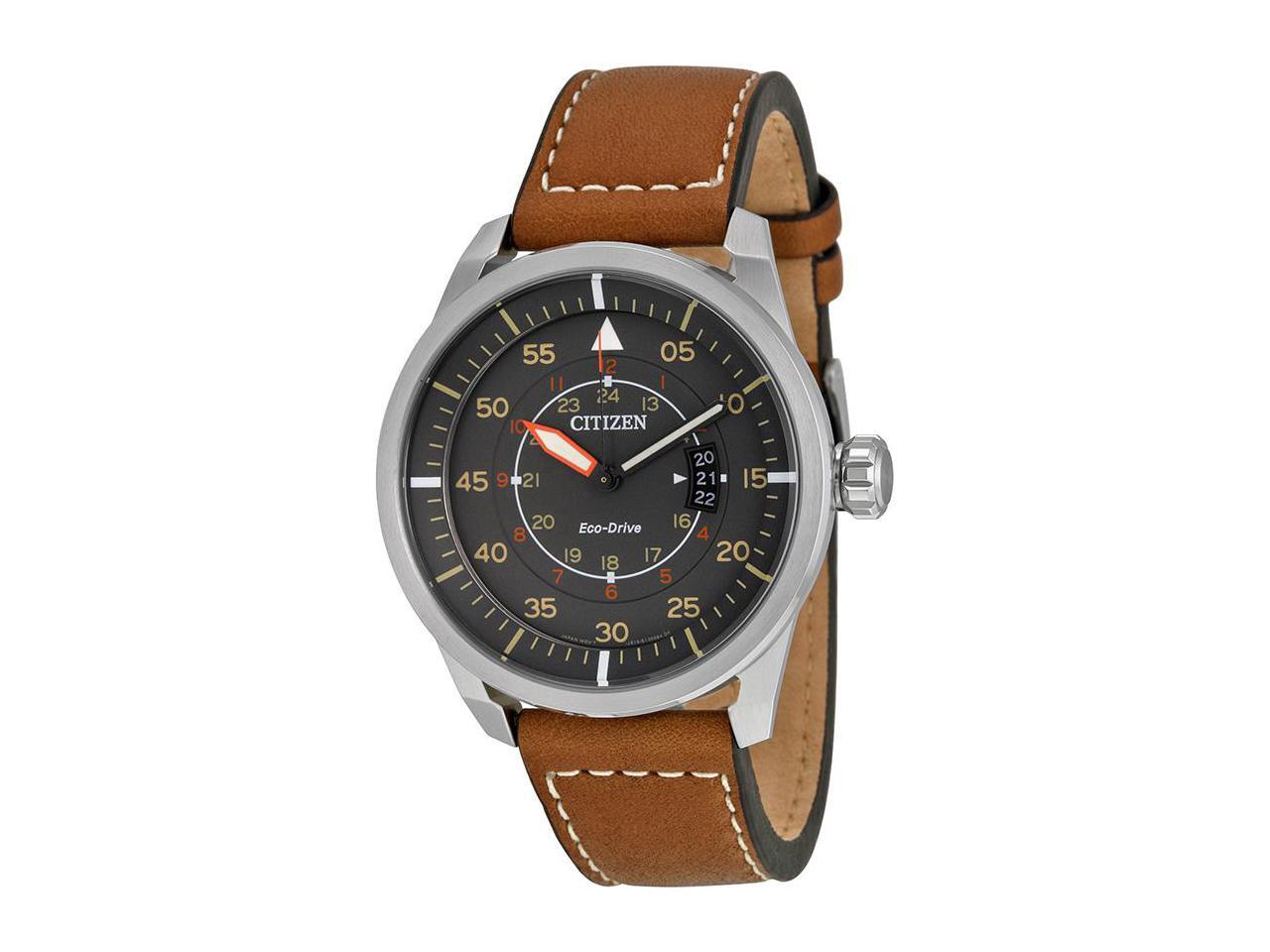 Citizen AW1361-10H Men's Avion Eco-Drive Charcoal Dial Brown Leather ...