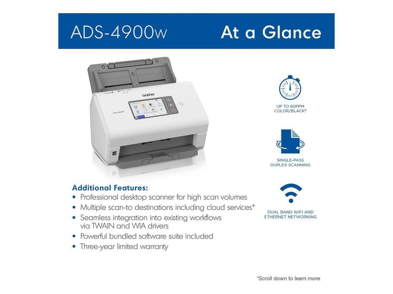 Brother ADS-4900W Professional Desktop Scanner for High Scan Volumes ...