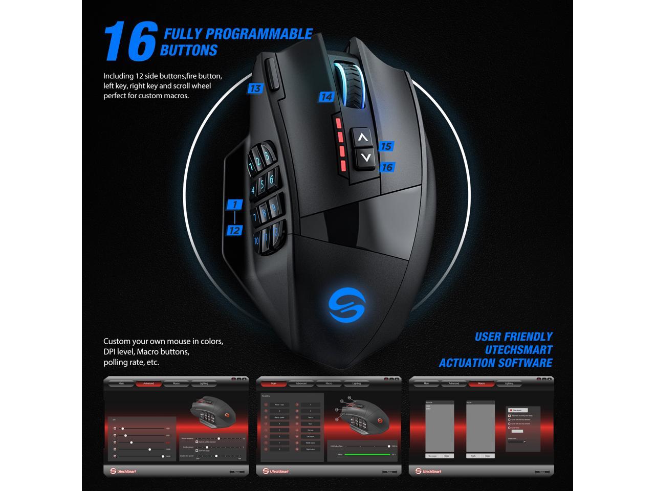 UtechSmart Venus Pro RGB Wireless MMO Gaming Mouse, 16,000 DPI Optical ...