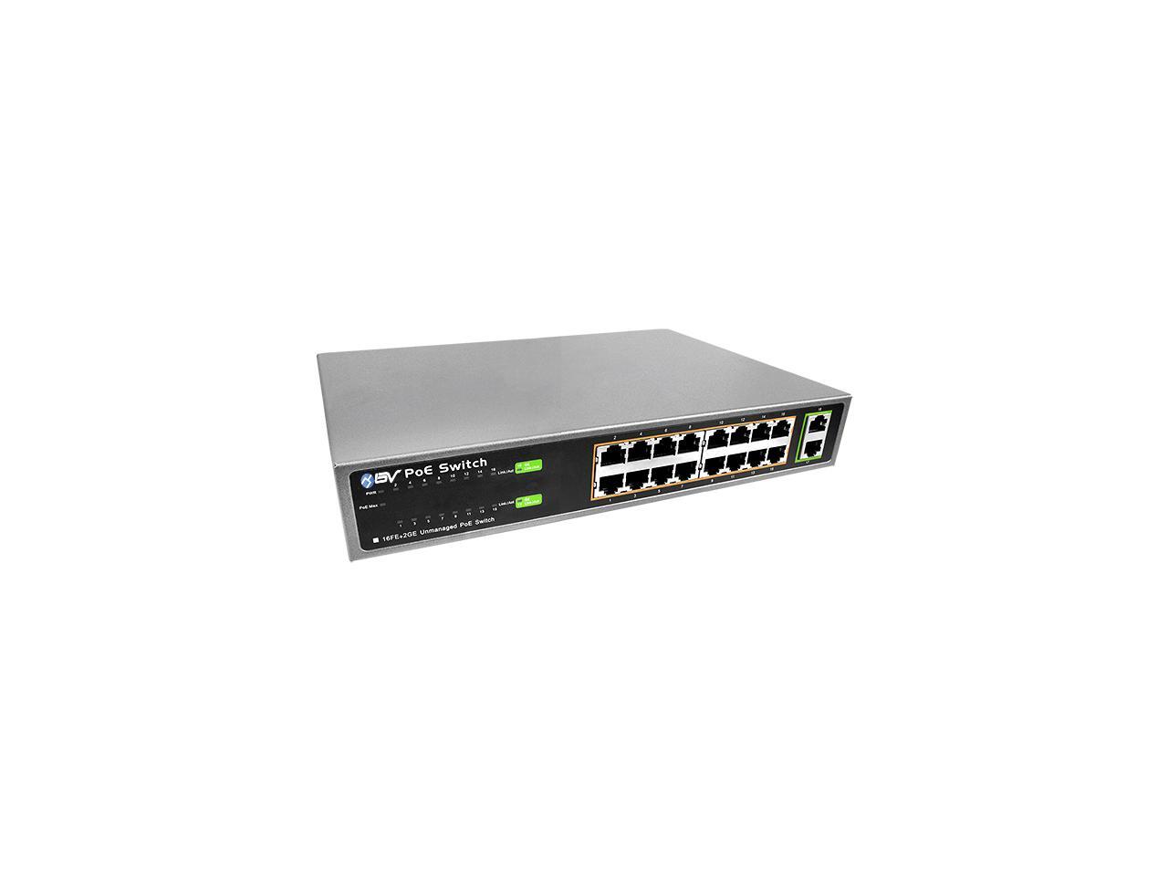 BV-Tech 16 Port PoE+ Unmanaged Switch + 2 Gigabit Ethernet Uplink ...