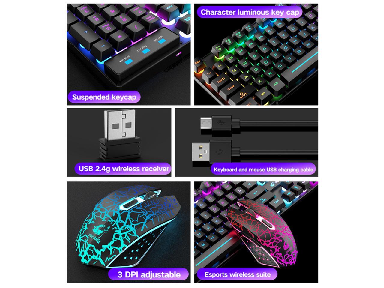 Rainbow Backlit Wireless Gaming Keyboard and Mouse Set, Rechargeable ...