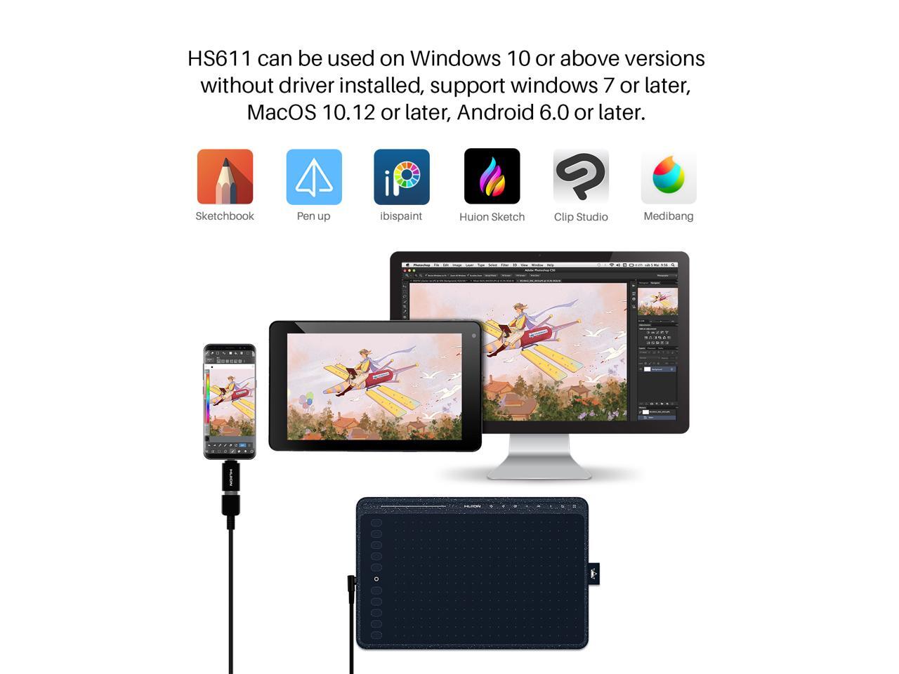 Huion HS611 Graphics Drawing Tablet 10X6 inch with 8192 Levels Battery ...