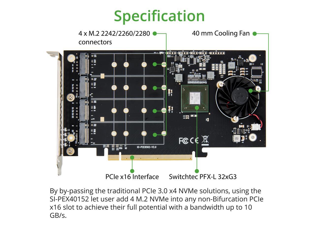 Quad M.2 NVMe Ports Non-RAID to PCIe 3.0 x16 Bifurcation Riser ...