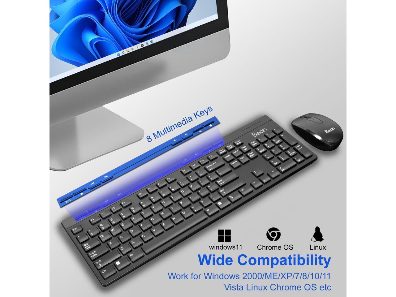 Wireless Keyboard and Mouse Combo, Bean 2.4GHz Full-Sized Ergonomic ...