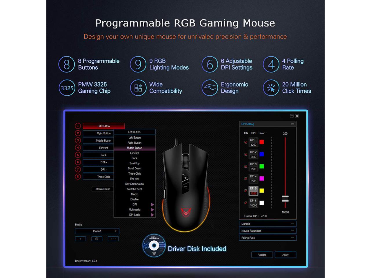 PICTEK Gaming Mouse Wired, 10000 DPI, 8 Programmable Buttons, 16.8 ...