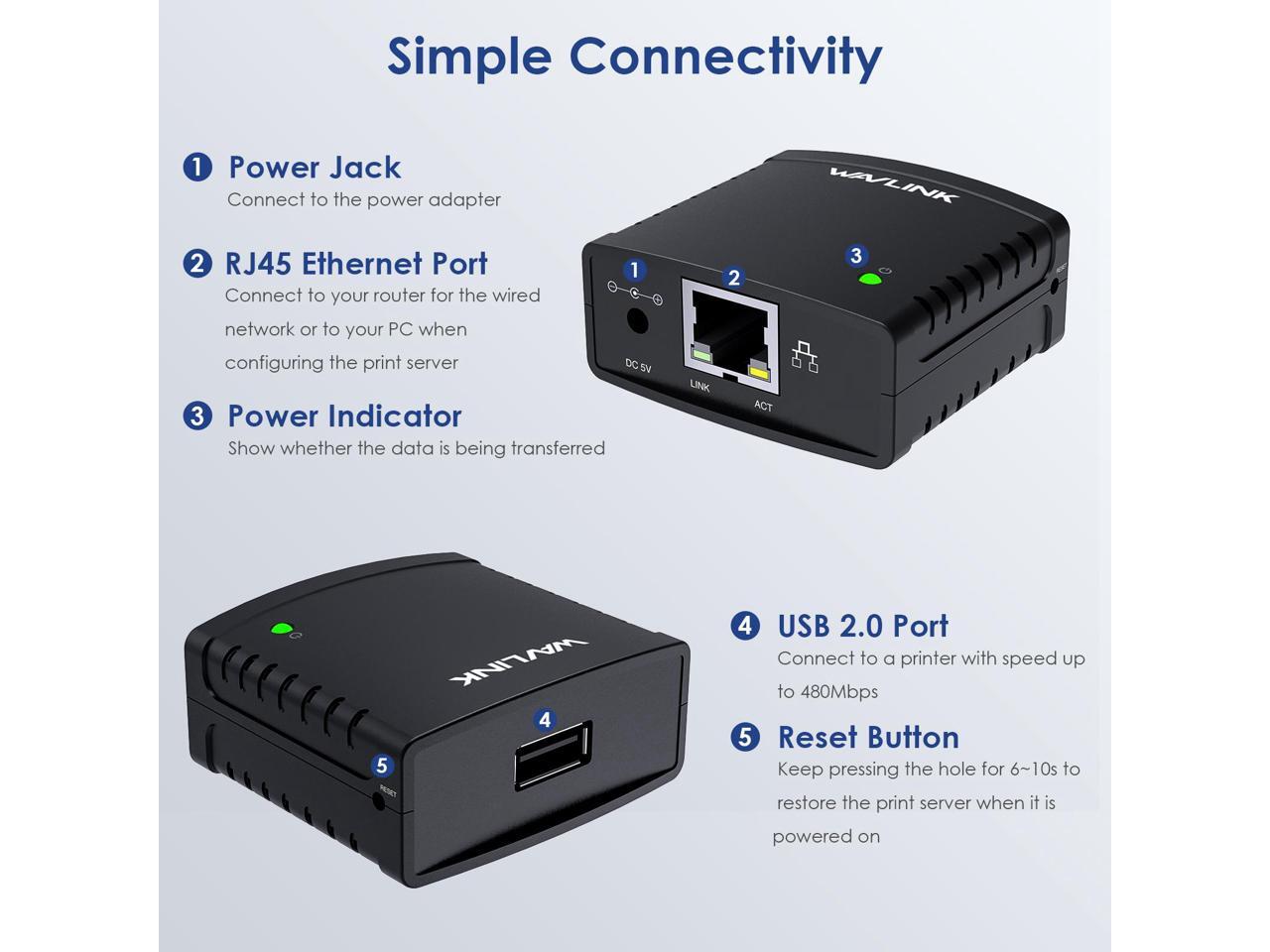 Wavlink USB2.0 Network Print Server, LAN Print Share Server for USB ...