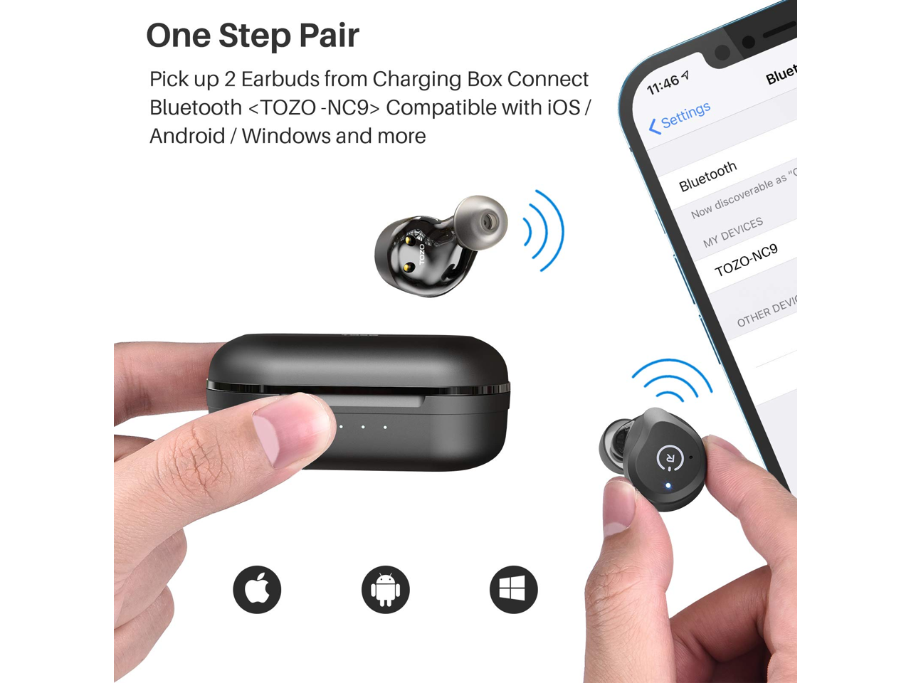 TOZO NC9 Wireless Earbuds Hybrid Active Noise Cancelling, Bluetooth in Ear Headphones, IPX6 ...