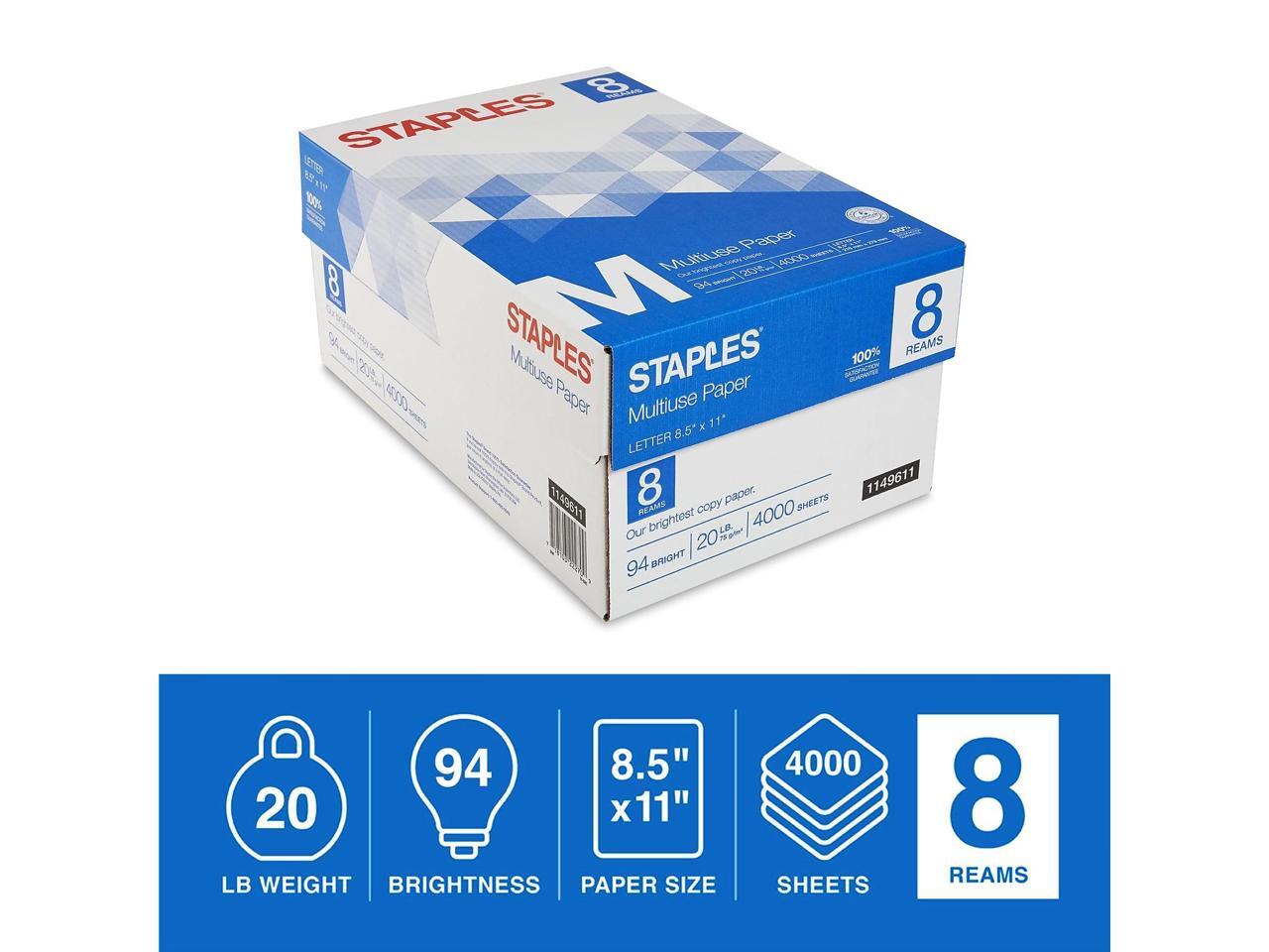 Staples 8.5" x 11" Multipurpose Paper 20 lbs. 94 Brightness 500/RM 8 RM ...