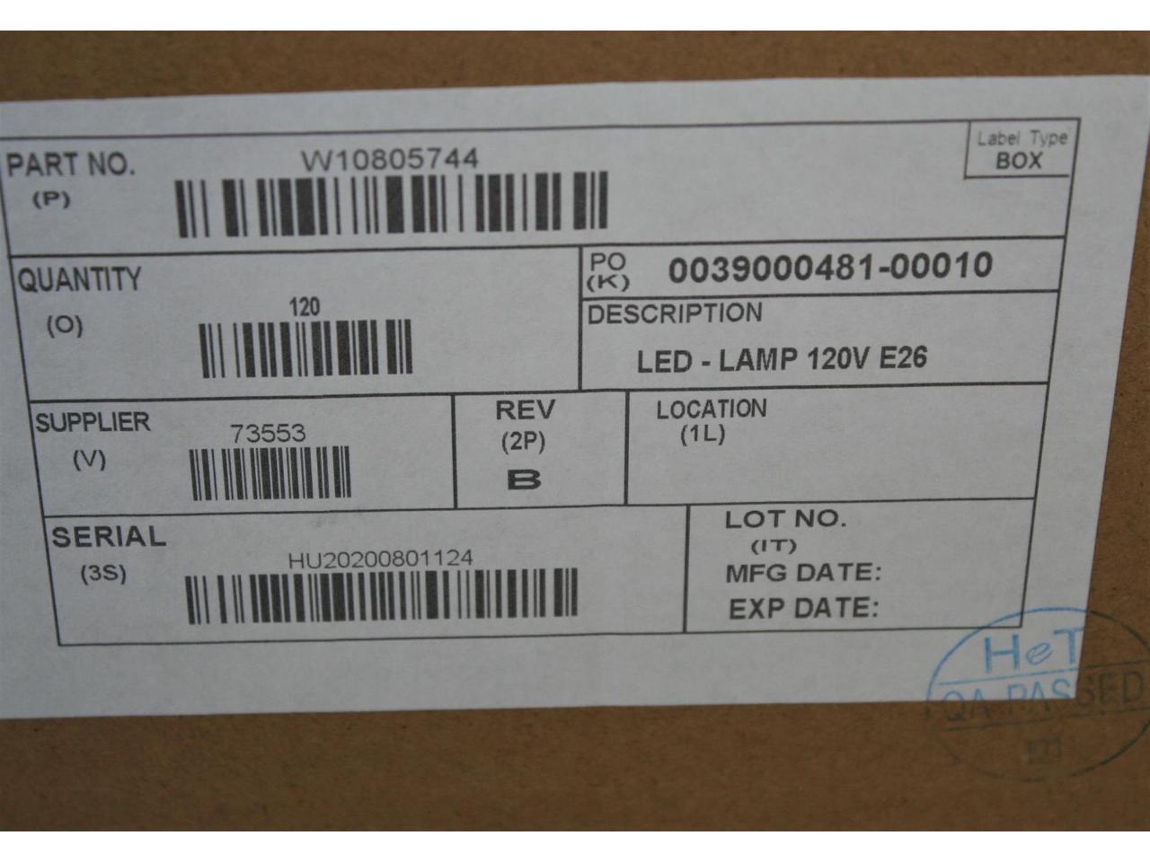 Lot 120pcs H&T W10805744 LED Appliance lamp bulb light 120V E26 ...